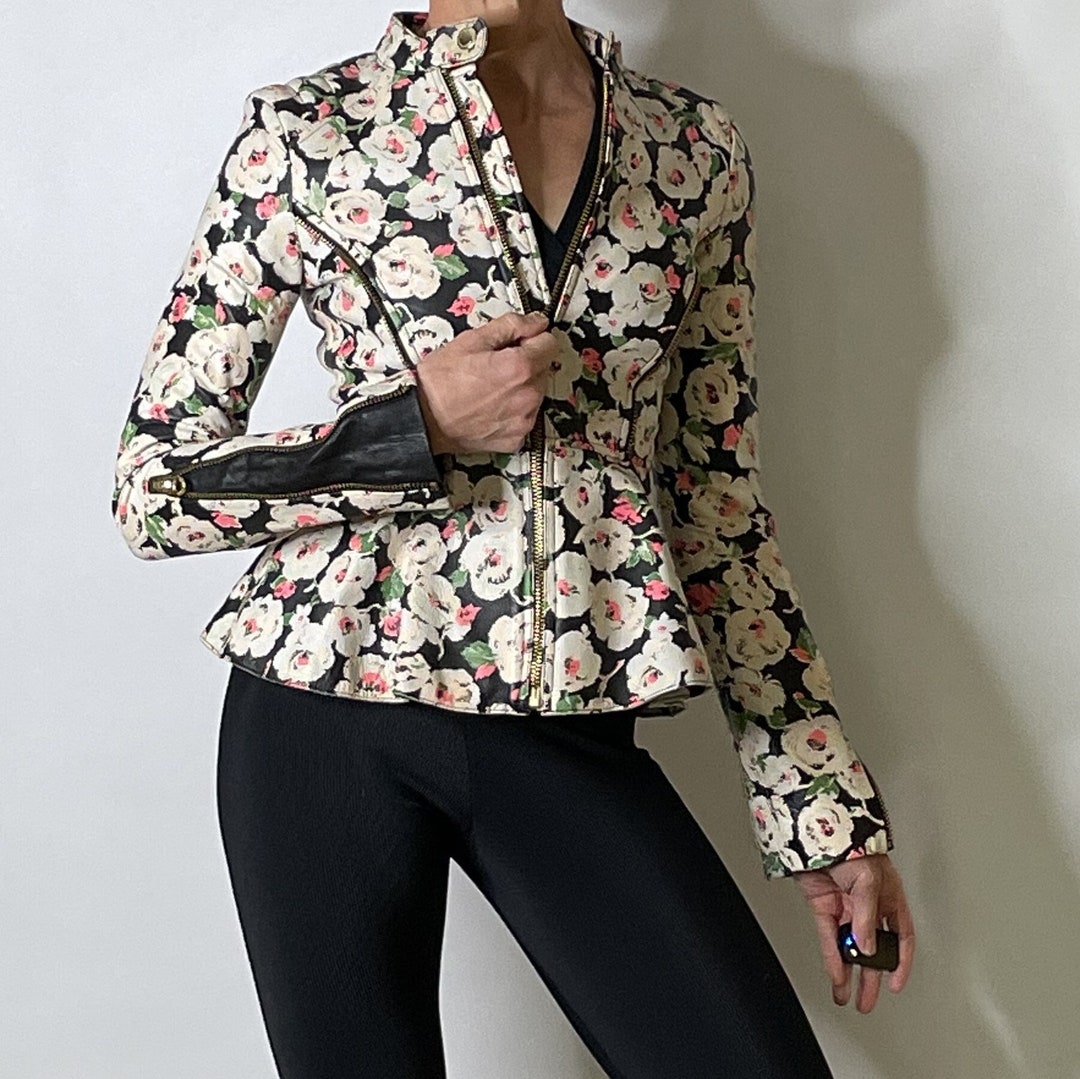 Juicy Couture Floral Leather Bustle Moto Jacket Motorcycle Jacket Cafe ...