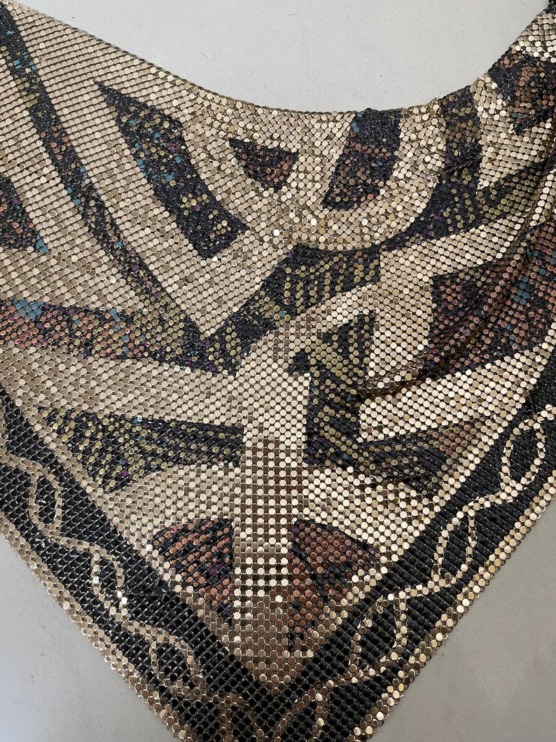 New York 1980s Metal Mesh Scarf Necklace Leather Velcro Clasp Printed ...