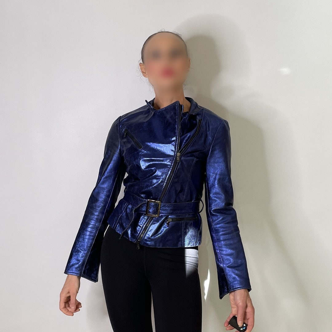 Italian Metallic Blue Leather Jacket Cafe Racer Motocycle Jacket ...