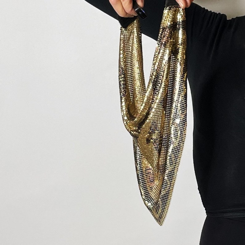 New York 1980s Metal Mesh Scarf Necklace Leather Velcro Clasp Printed ...
