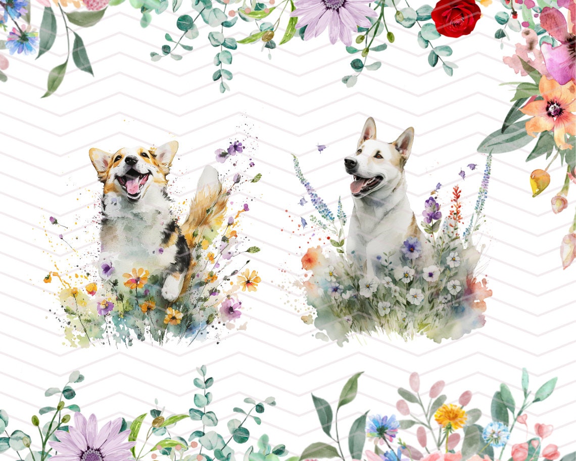 Flower Dogs, 9 Cliparts, Flower Dog Watercolor Clipart, Dog Clipart ...