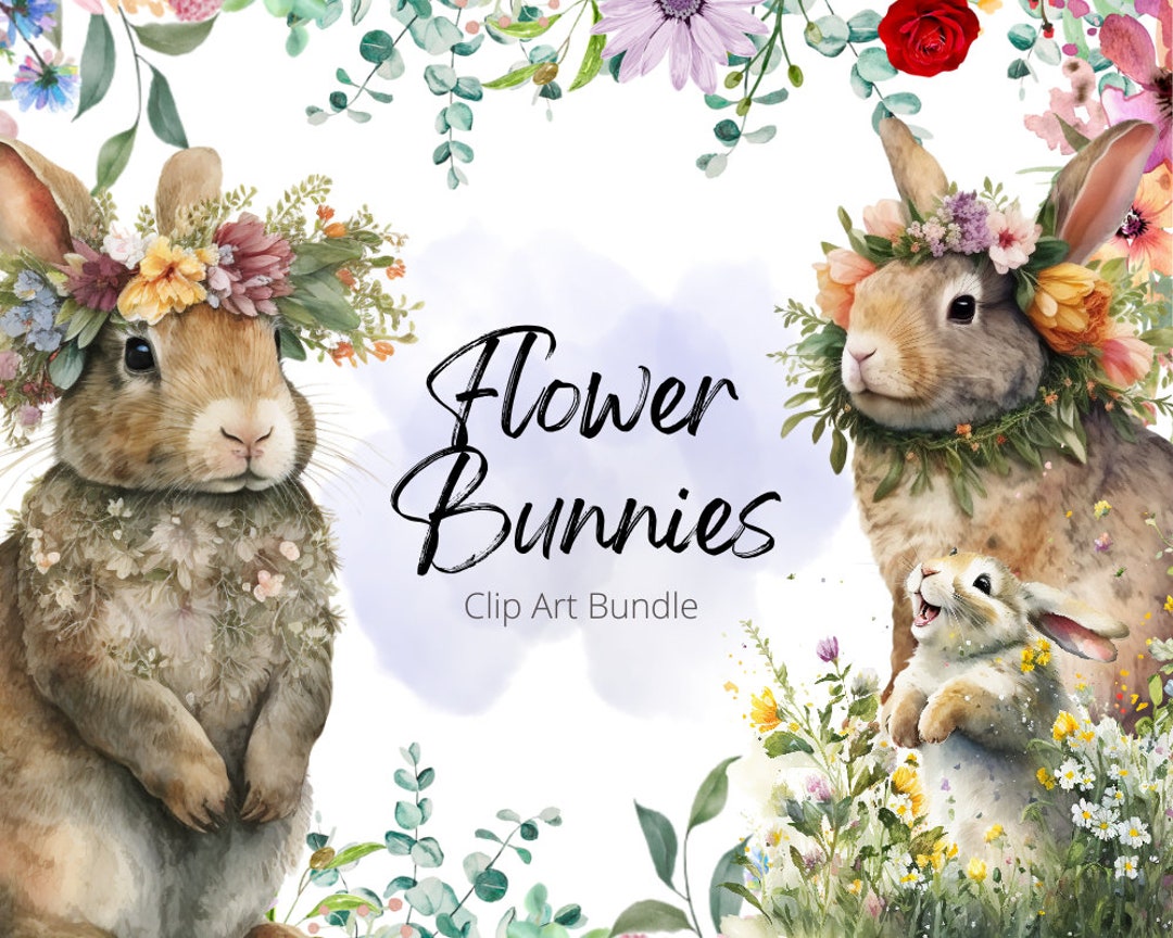Flower Rabbits, 11 Cliparts, Flower Rabbit Watercolor Clipart, Rabbit ...