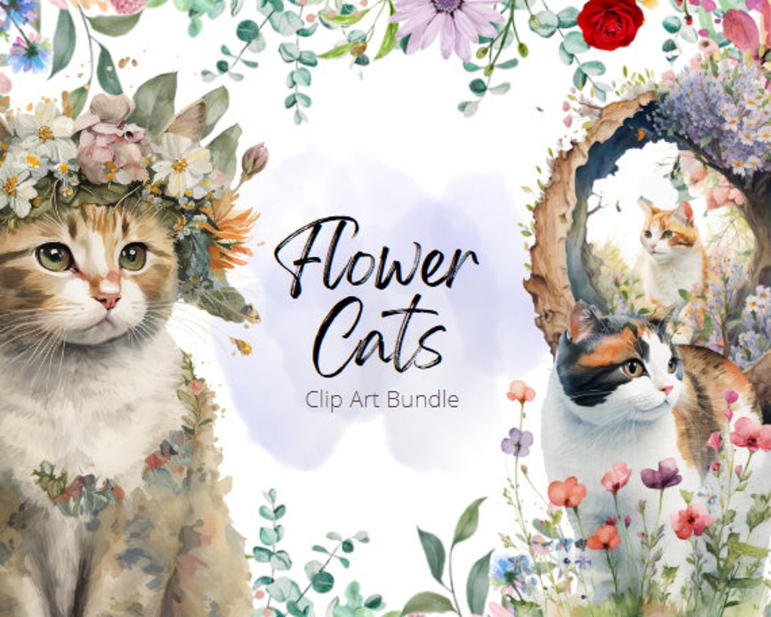 Flower Cats, 13 Cliparts, Flower Cat Watercolor Clipart, Cat Clipart ...