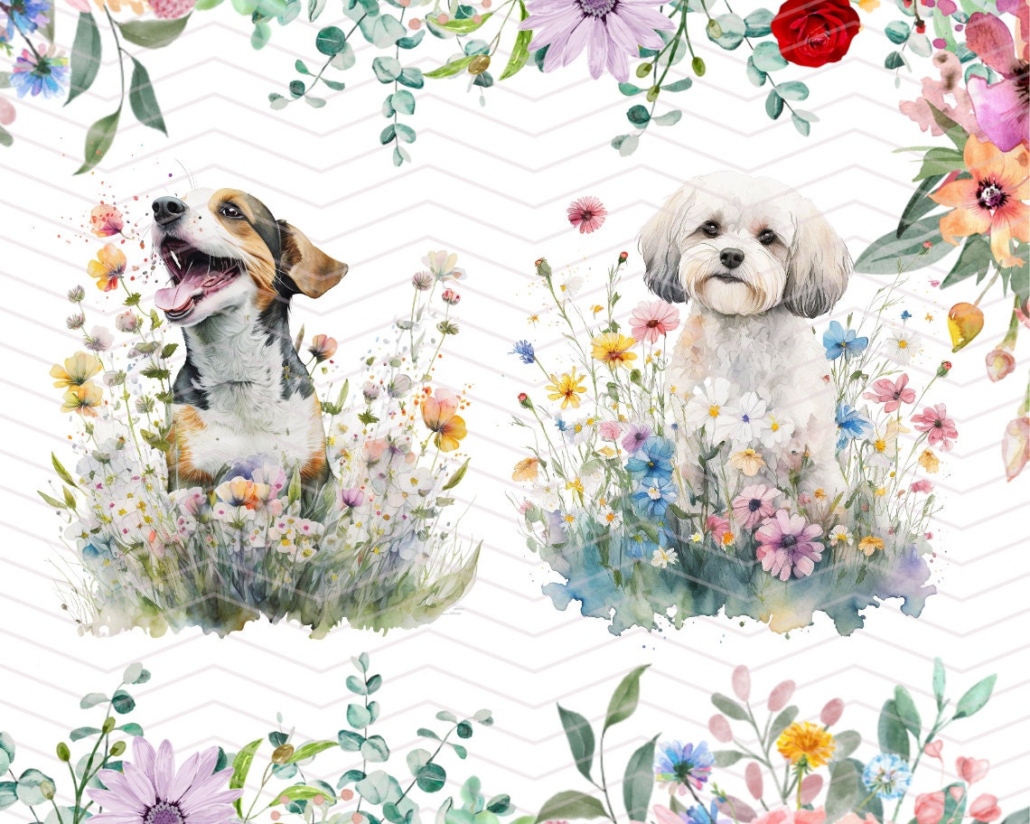 Flower Dogs, 9 Cliparts, Flower Dog Watercolor Clipart, Dog Clipart ...