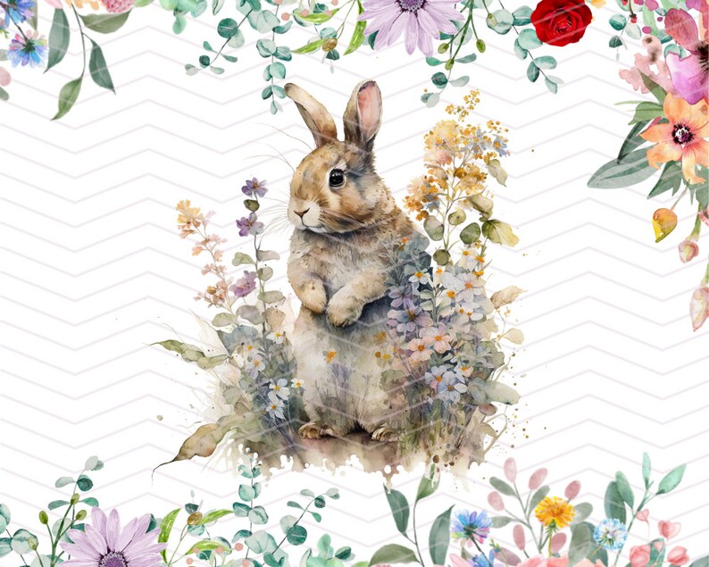 Flower Rabbits, 11 Cliparts, Flower Rabbit Watercolor Clipart, Rabbit ...