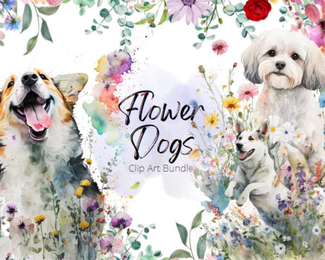 Flower Dogs, 9 Cliparts, Flower Dog Watercolor Clipart, Dog Clipart ...