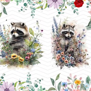 Flower Raccoons, 13 Cliparts, Flower Raccoon Watercolor Clipart ...