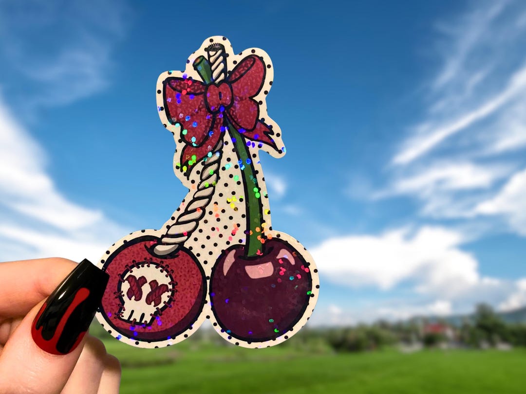 Hand Drawn Black Cherry Bomb Sticker With a Pink Bow 3" Holographic ...