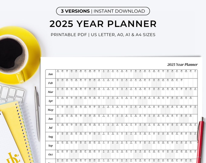 2025 Yearly Calendar Planner PDF | Full Year at a Glance Digital ...