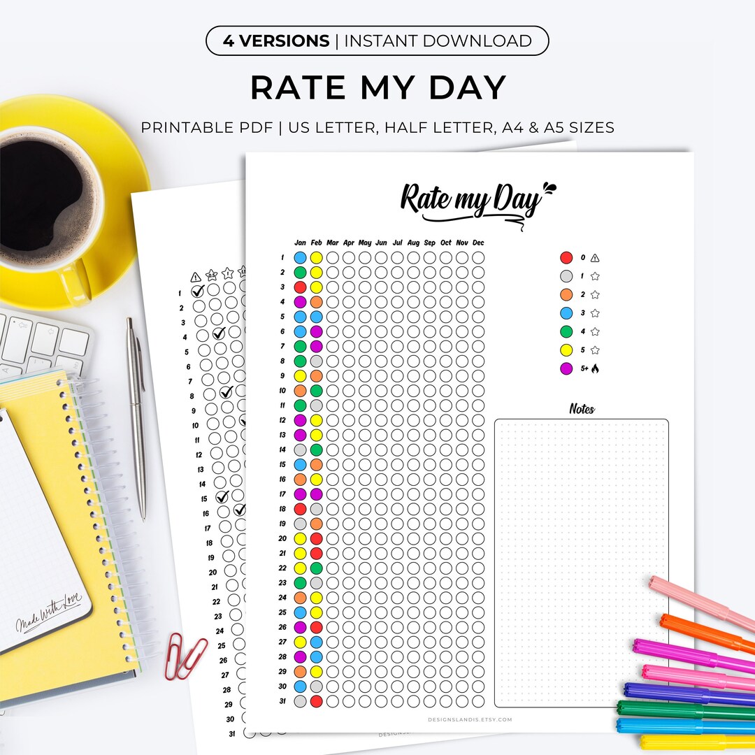 Rate My Day Printable, Monthly Habit Tracker, Self-improvement Tracker ...