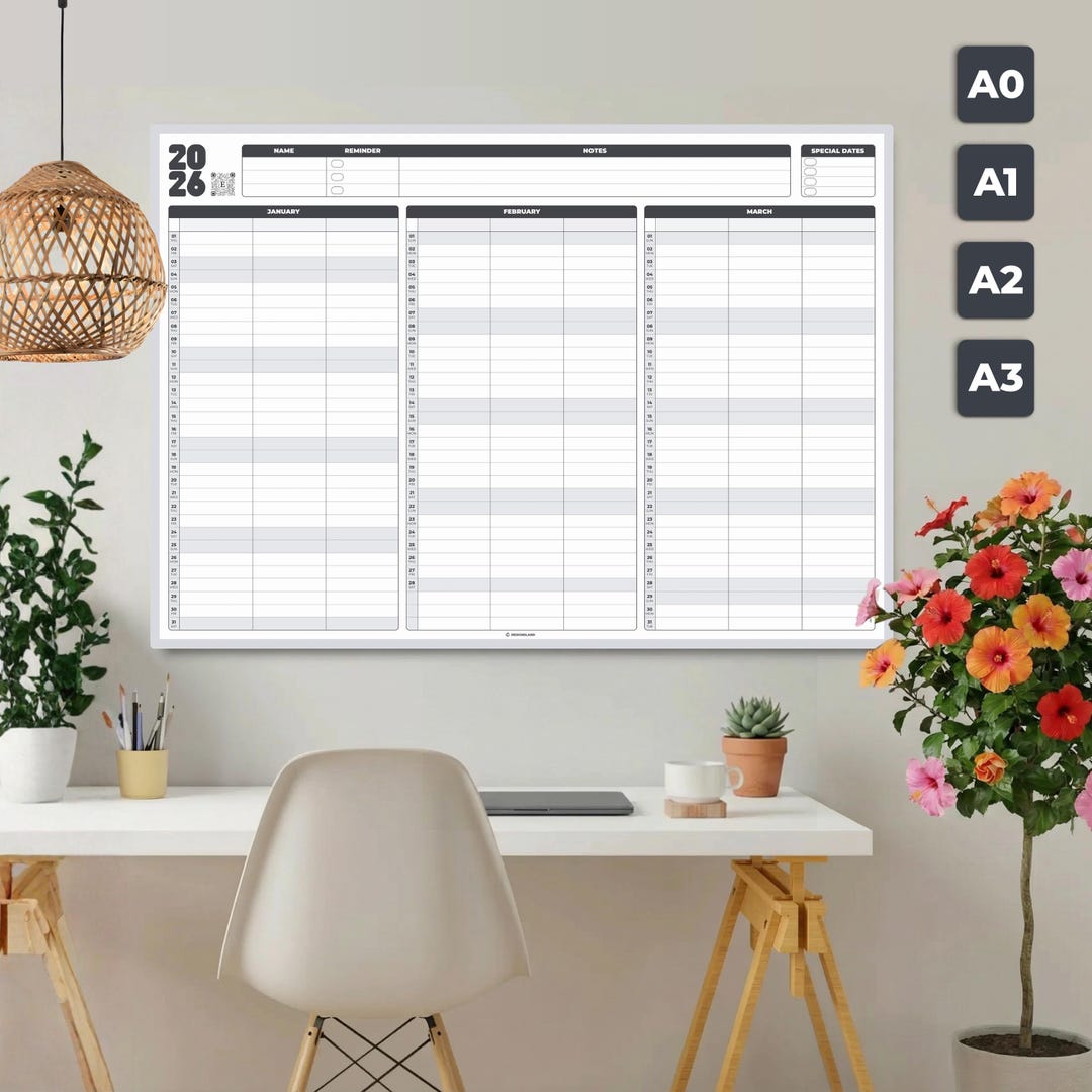 Modern 2026 Large Wall Calendar Minimalist Black & White. Monochrome ...