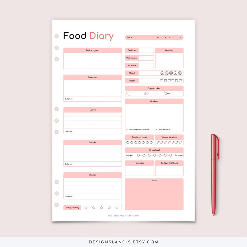 Daily Food Diary Printable, Daily Calorie Tracker, Daily Food Journal ...