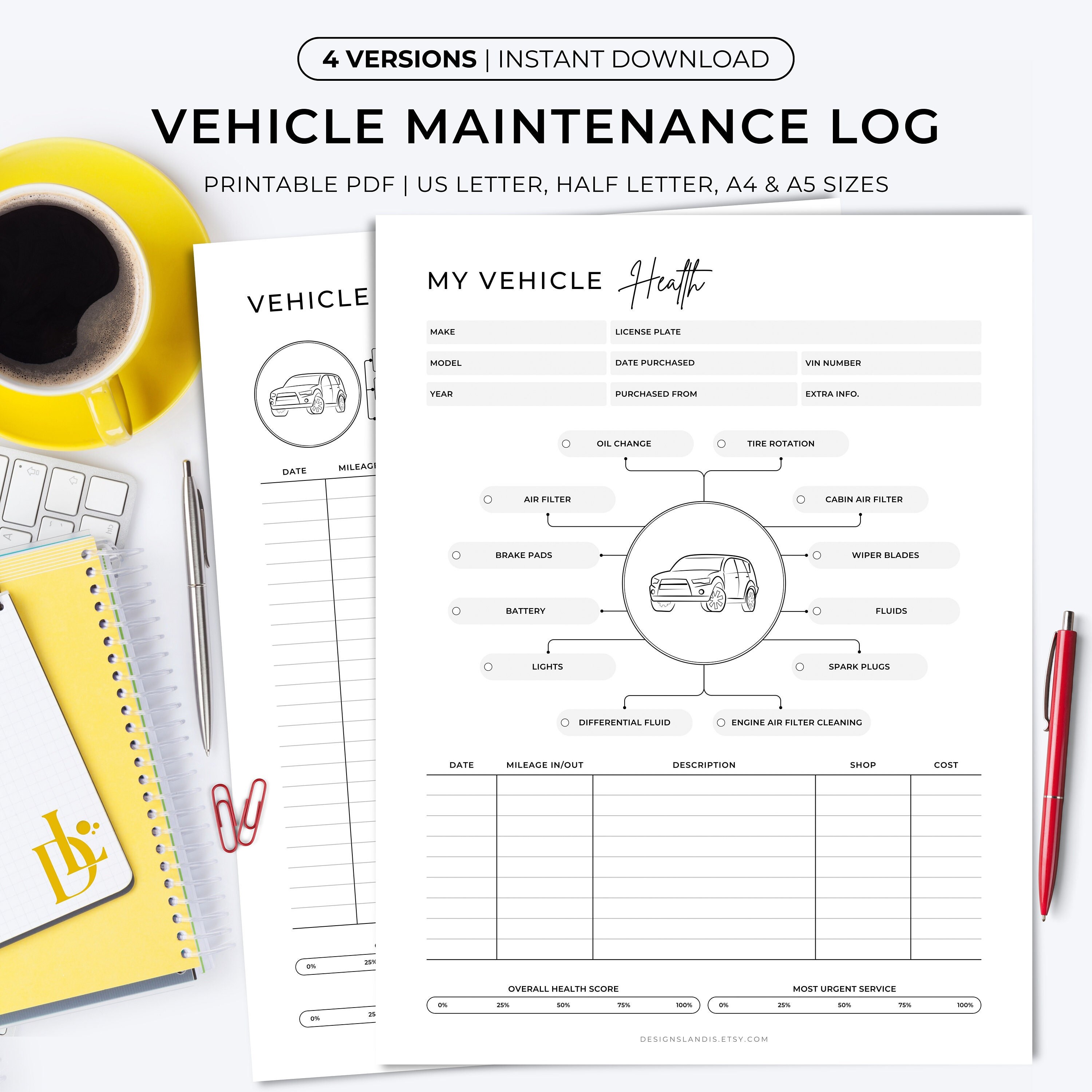 Vehicle Maintenance Log Printable, Car Maintenance Tracker, Car Service ...