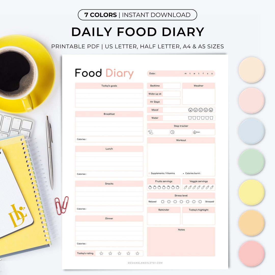 Daily Food Diary Printable, Daily Calorie Tracker, Daily Food Journal ...