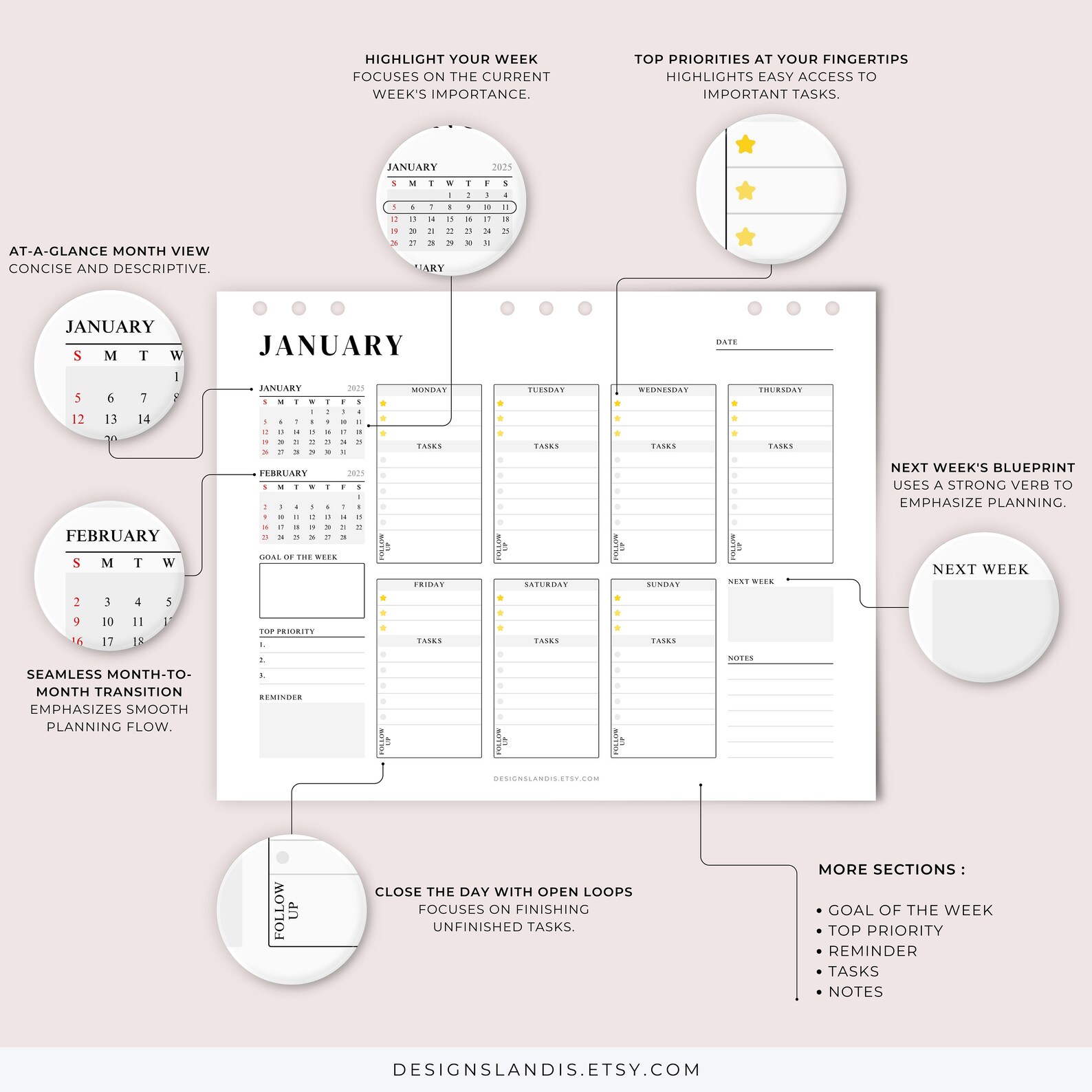 2025 Weekly Planner Printable Landscape, 2025 Calendar, 2025 Monthly ...