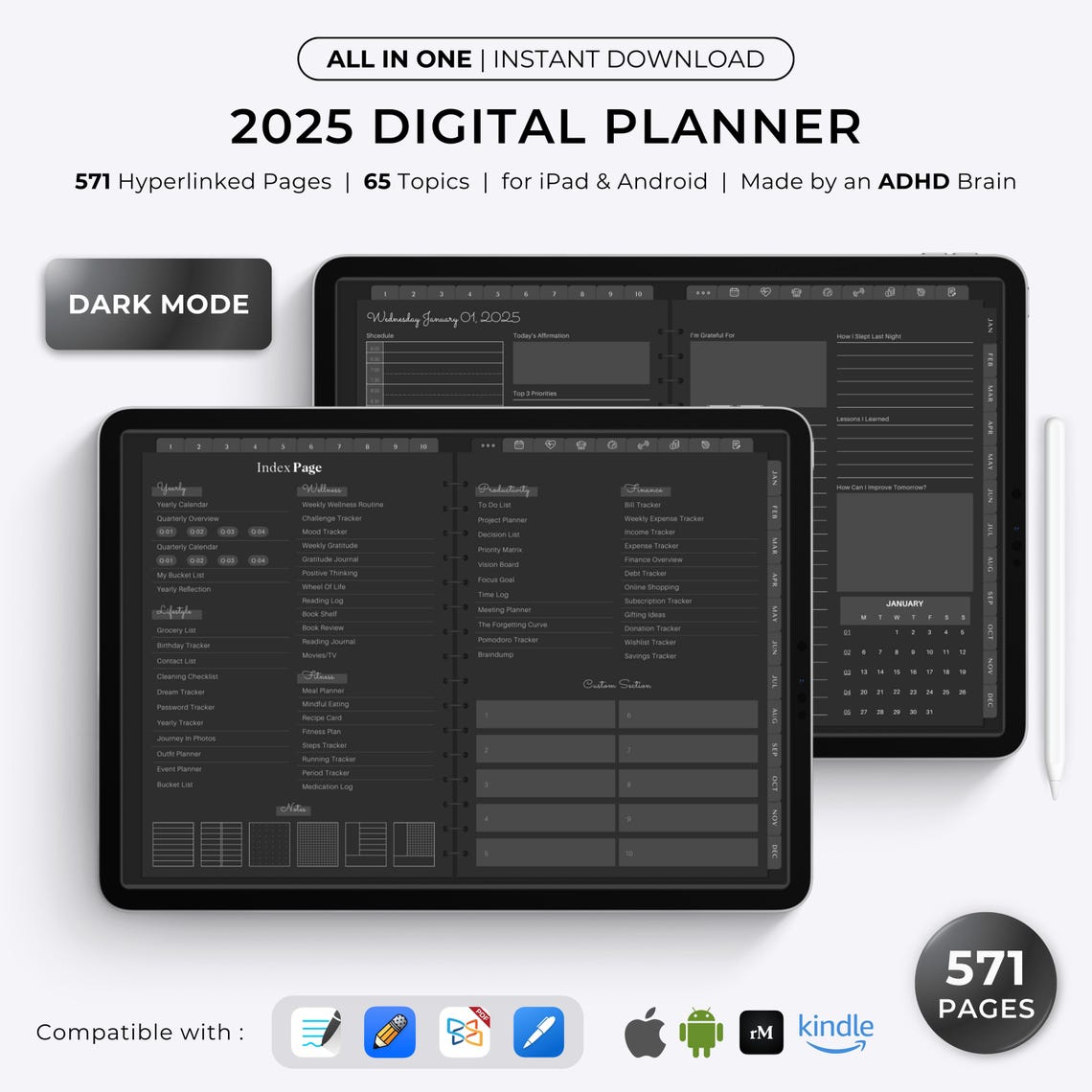 2025 Minimalist Digital Planner in Dark Mode for Goodnotes & Notability ...