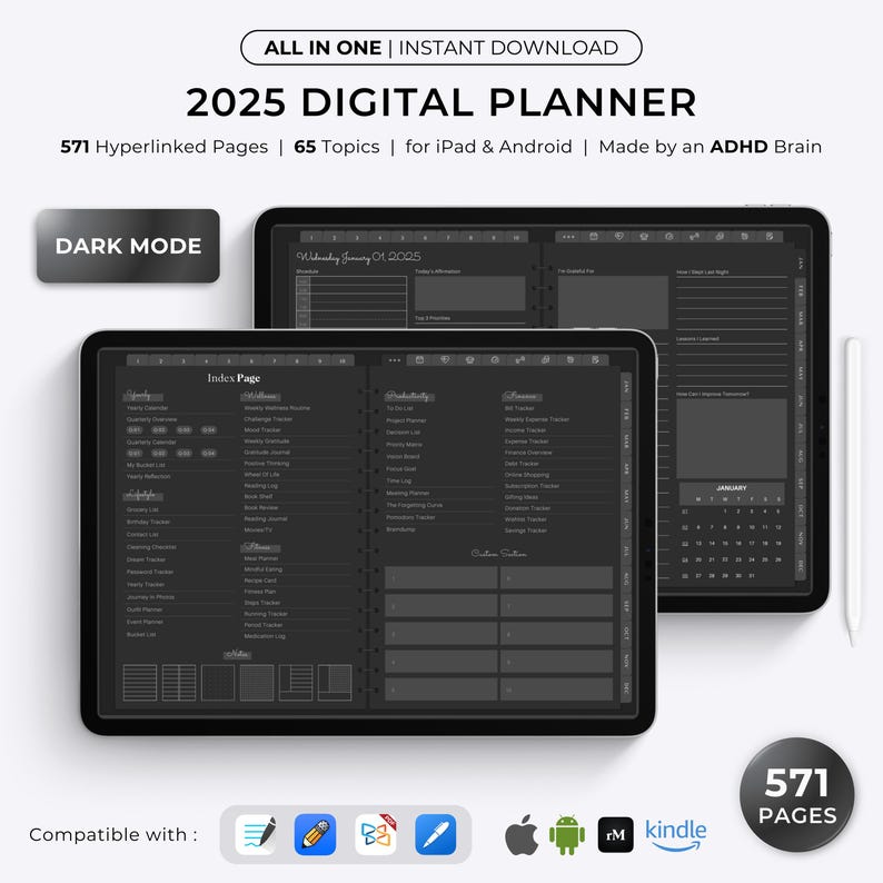 2025 Minimalist Digital Planner in Dark Mode for Goodnotes & Notability ...