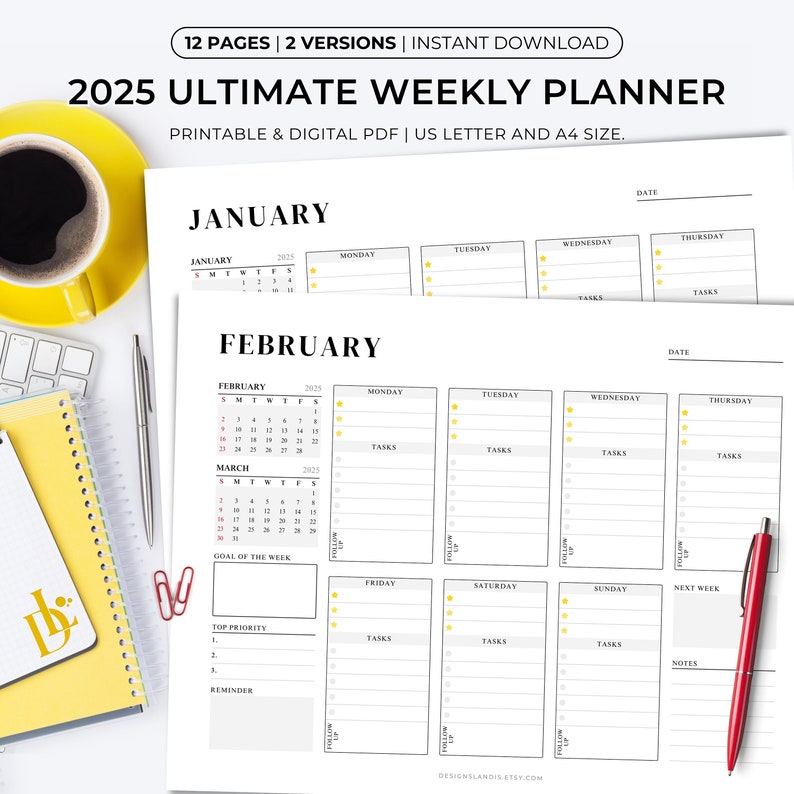 2025 Weekly Planner Printable Landscape, 2025 Calendar, 2025 Monthly ...