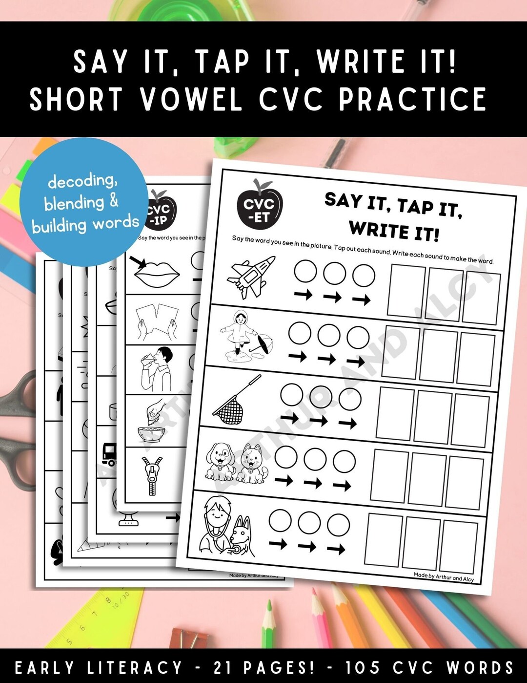 Short Vowel CVC Say It Tap It Write It, CVC Printable, Kindergarten ...