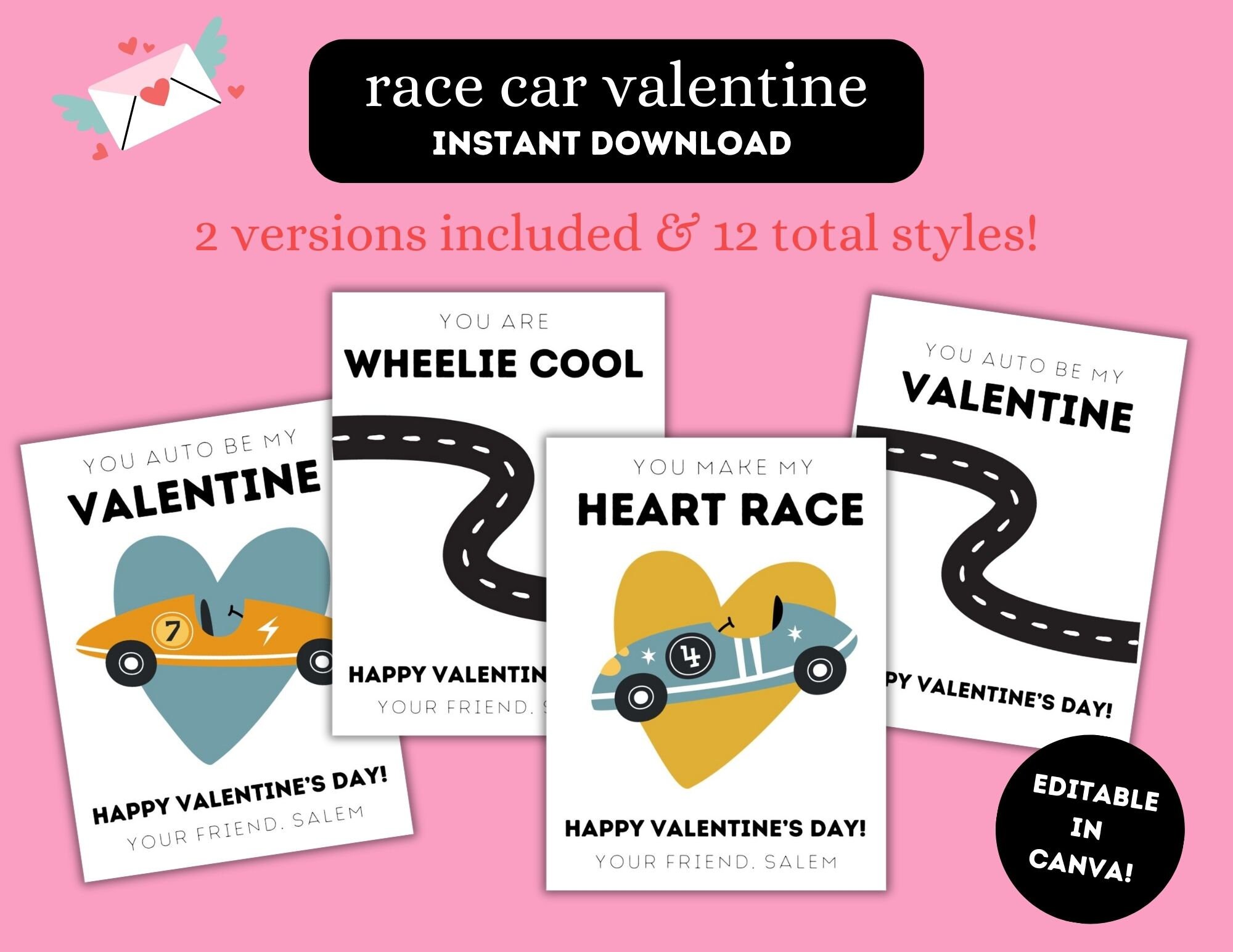 Kids Race Car Valentine Tag: Customizable Classroom Card (digital ...