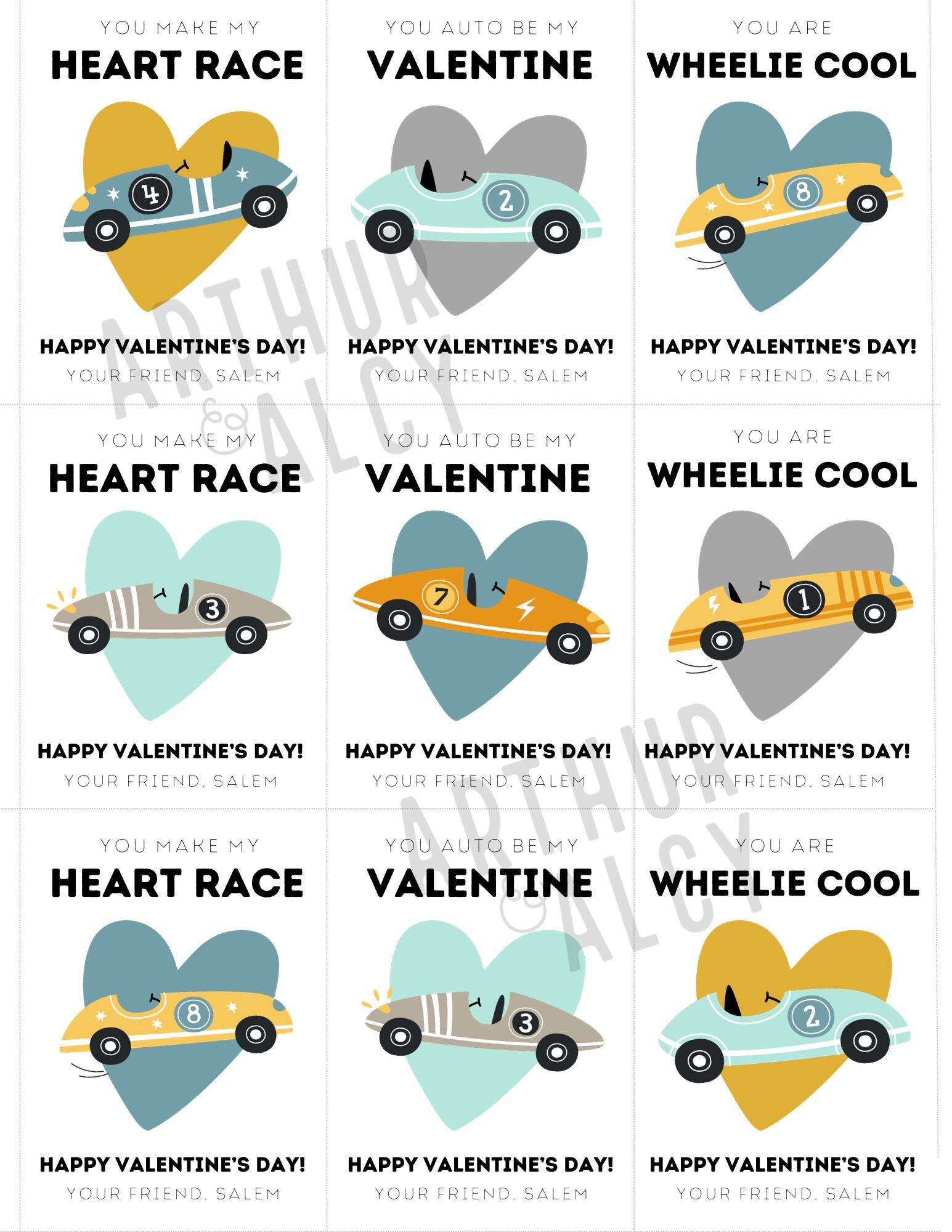 Kids Race Car Valentine Tag Customizable Classroom Valentine Editable ...