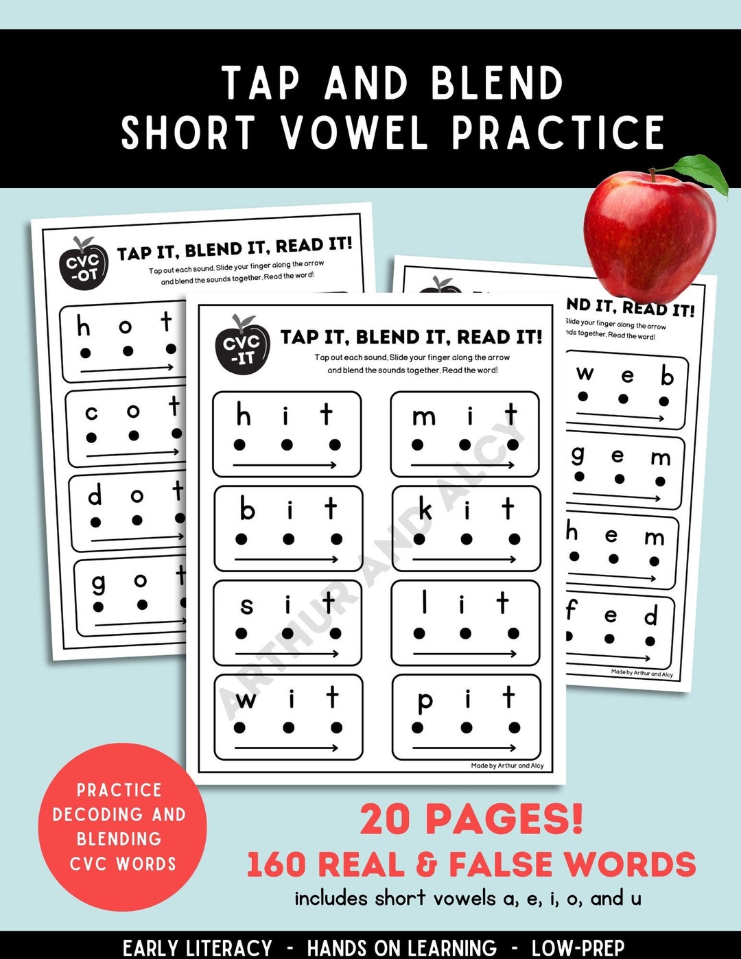 CVC Word Families Printable: Tap and Blend, Early Literacy (digital ...