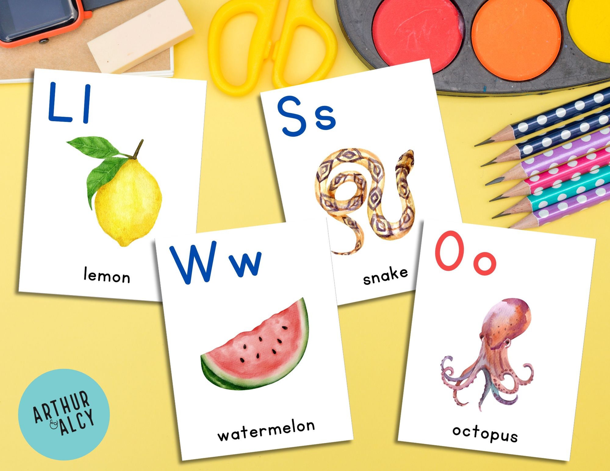 Watercolor Alphabet Cards, Nature Based Learning, Letter Picture Cards ...