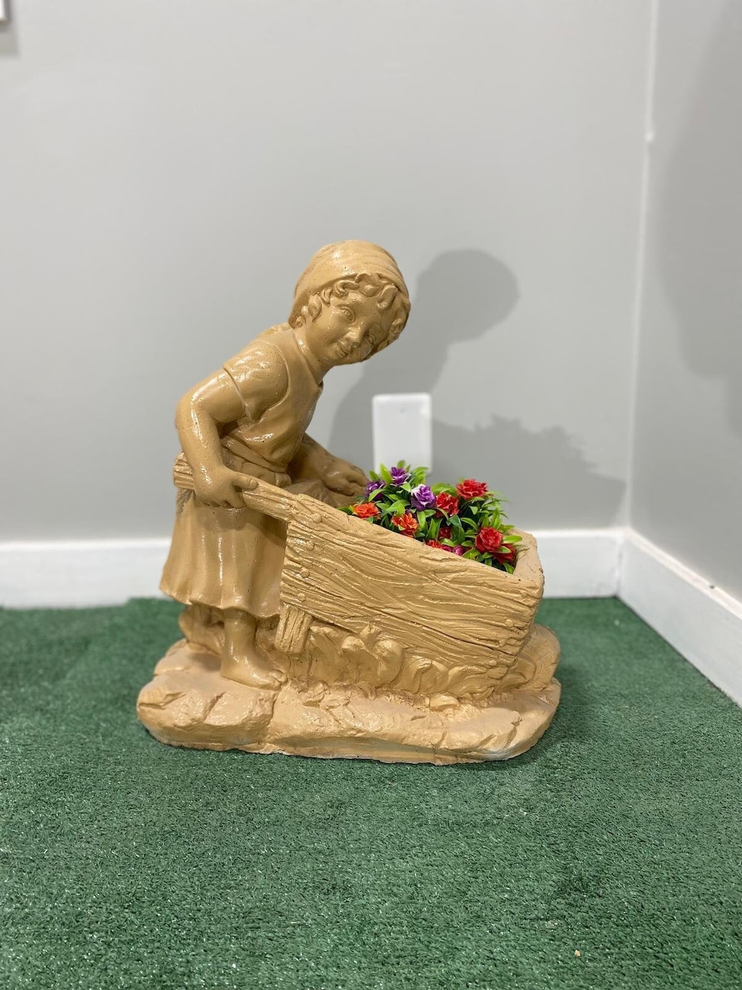 20" Solid Concrete Girl Pushing a Wheelbarrow of Flowers Concrete ...