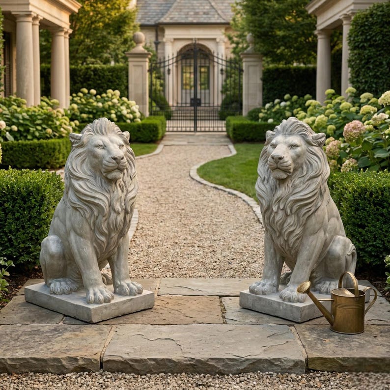 Large 40" Concrete Lion Statues - Pair of Heavy Cast Stone Driveway ...