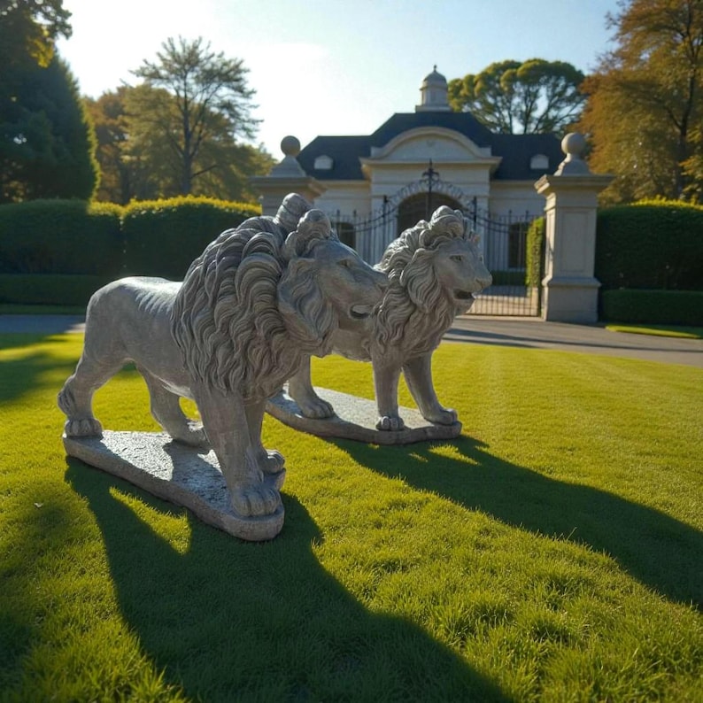 2 Stone Large Lions Statues | Outdoor Solid Concrete Walking Lions ...