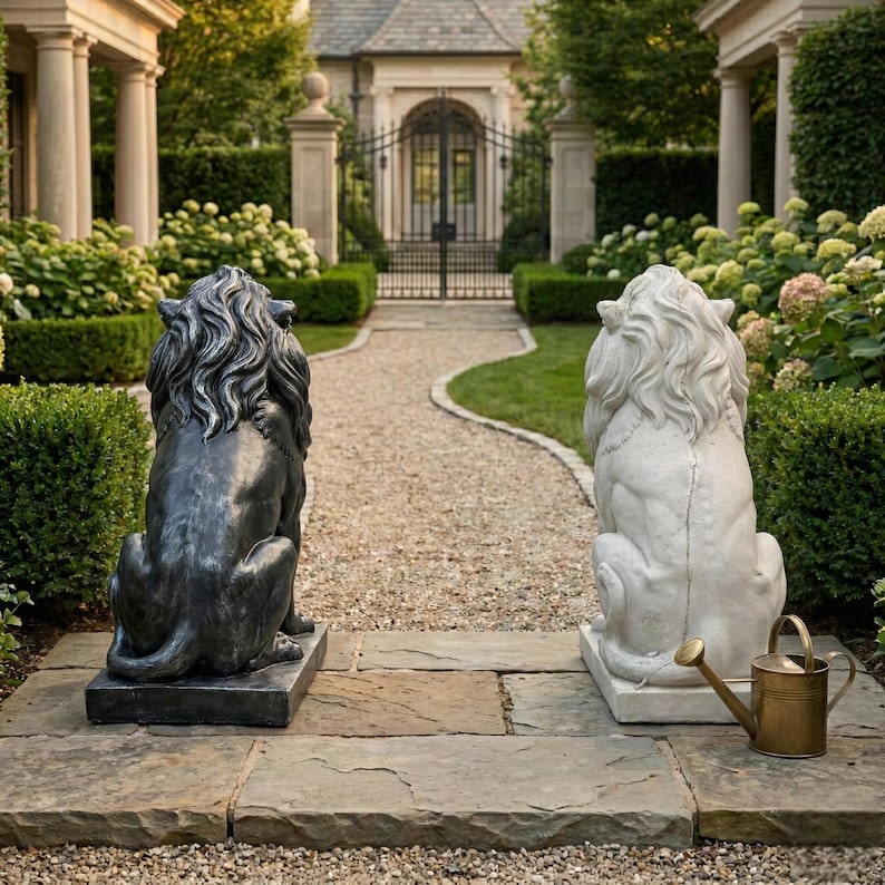 Large 40" Concrete Lion Statues - Pair of Heavy Cast Stone Driveway ...