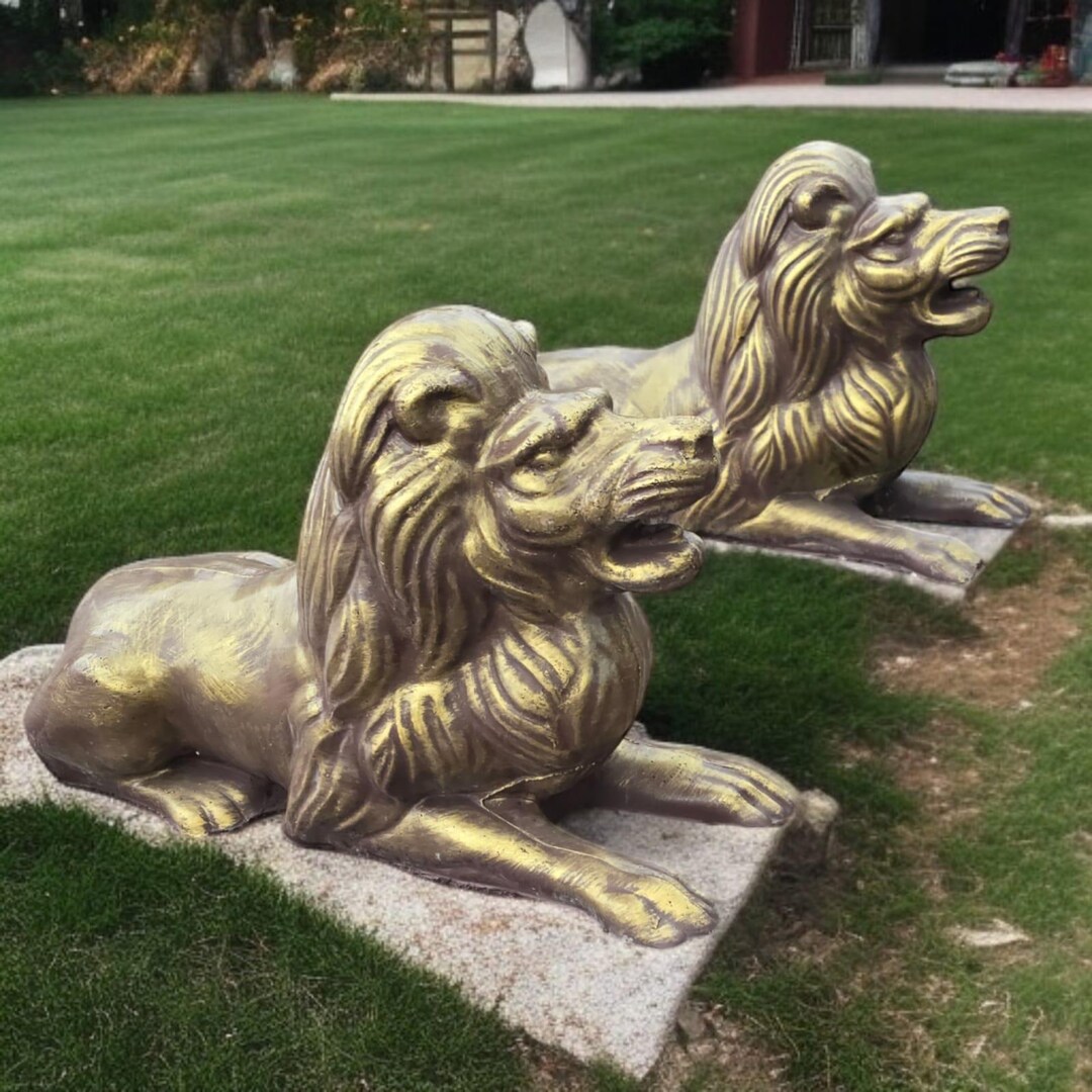 A Pair of Solid Concrete Lions Statues - Outdoor Solid Stone Sentinel ...