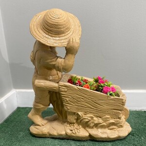 21" Solid Concrete Boy Pushing a Wheelbarrow of Flowers Concrete Statue ...