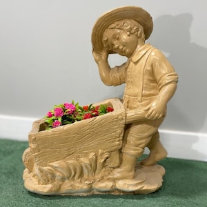 21" Solid Concrete Boy Pushing a Wheelbarrow of Flowers Concrete Statue ...