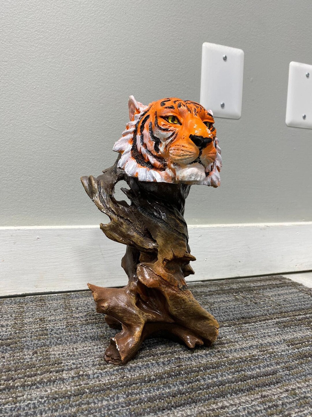 10" Solid Concrete Tiger Head on Wood Sculptor, Finest Stone Finish ...