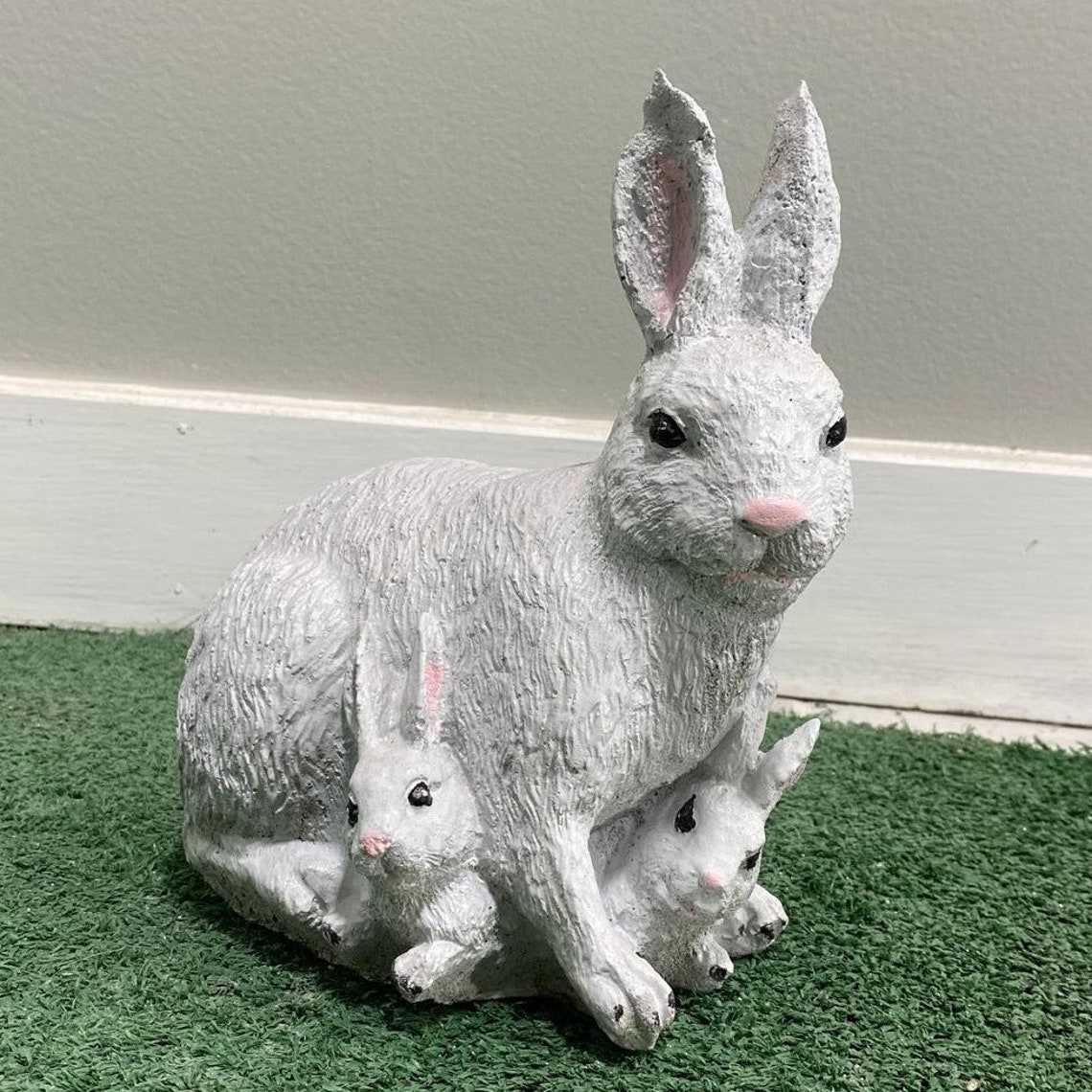 9" Solid Concrete Rabbit Family Statue, Weather Proof Rabbits Outdoor ...