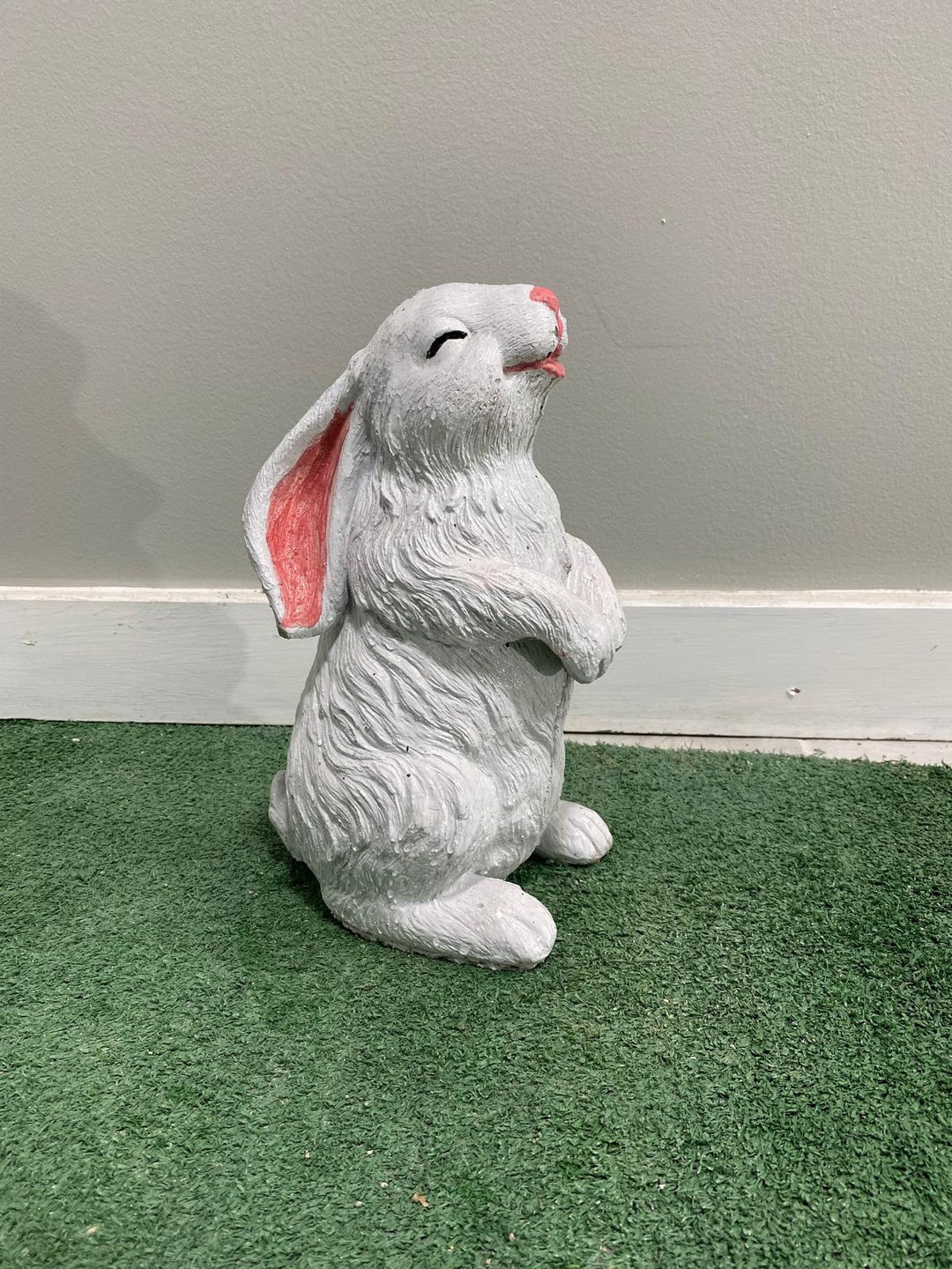 12.5" Solid Concrete Smiling Rabbit Statue, Weather Proof Rabbit ...