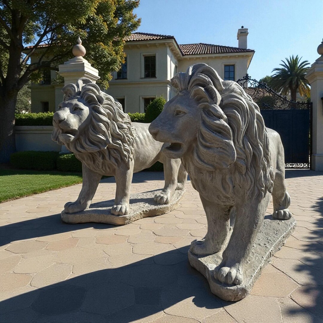 2 Stone Large Lions Statues | Outdoor Solid Concrete Walking Lions ...