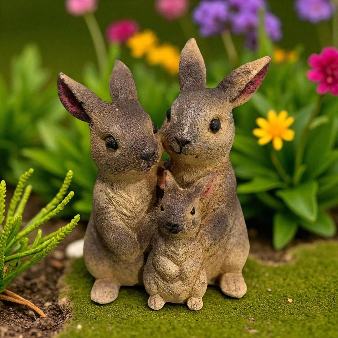 9" Solid Concrete Rabbit Family Statue, Weather Proof Rabbits Outdoor ...