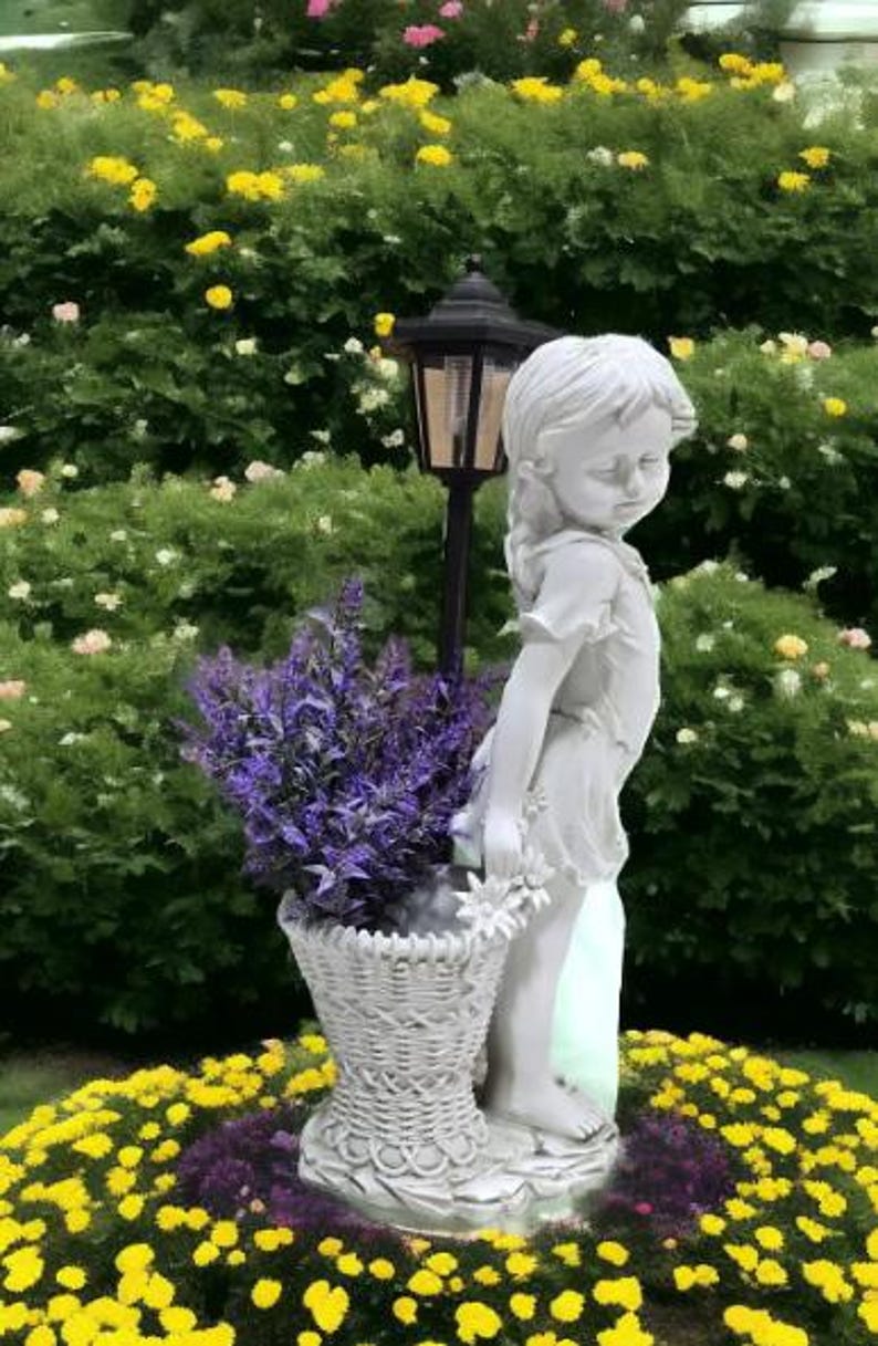 21" Flower Girl Statue With Planter – Antique Finish Garden Sculpture ...