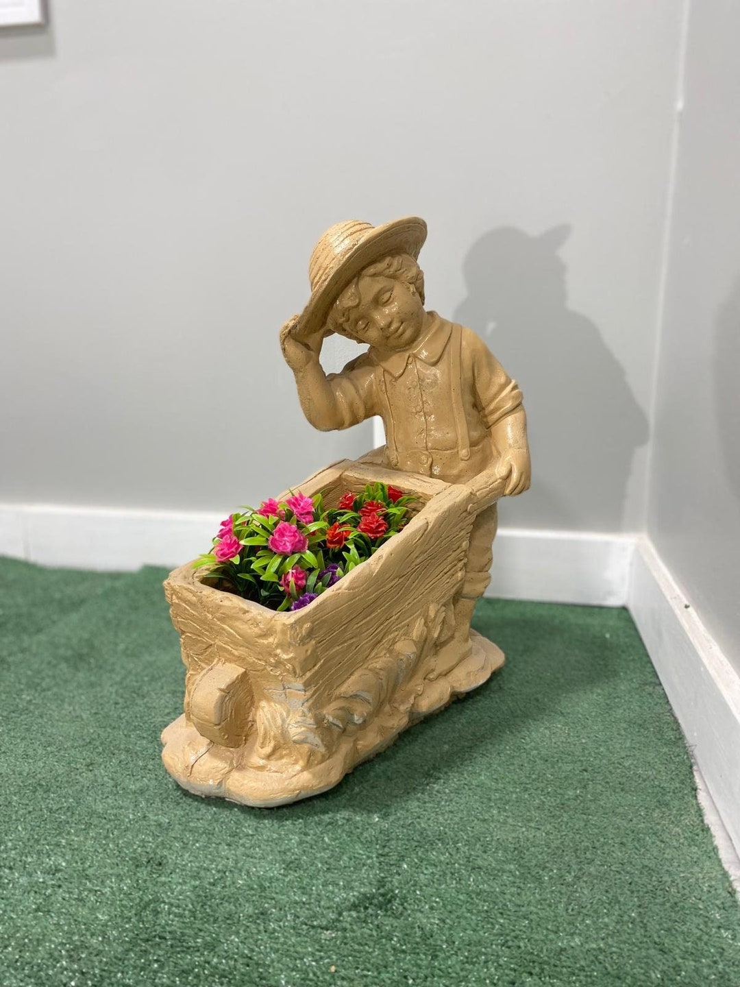 21" Solid Concrete Boy Pushing a Wheelbarrow of Flowers Concrete Statue ...