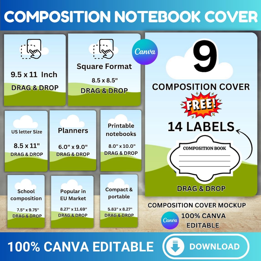 Composition Book Cover Editable Template, Fully Editable Canva Frame ...