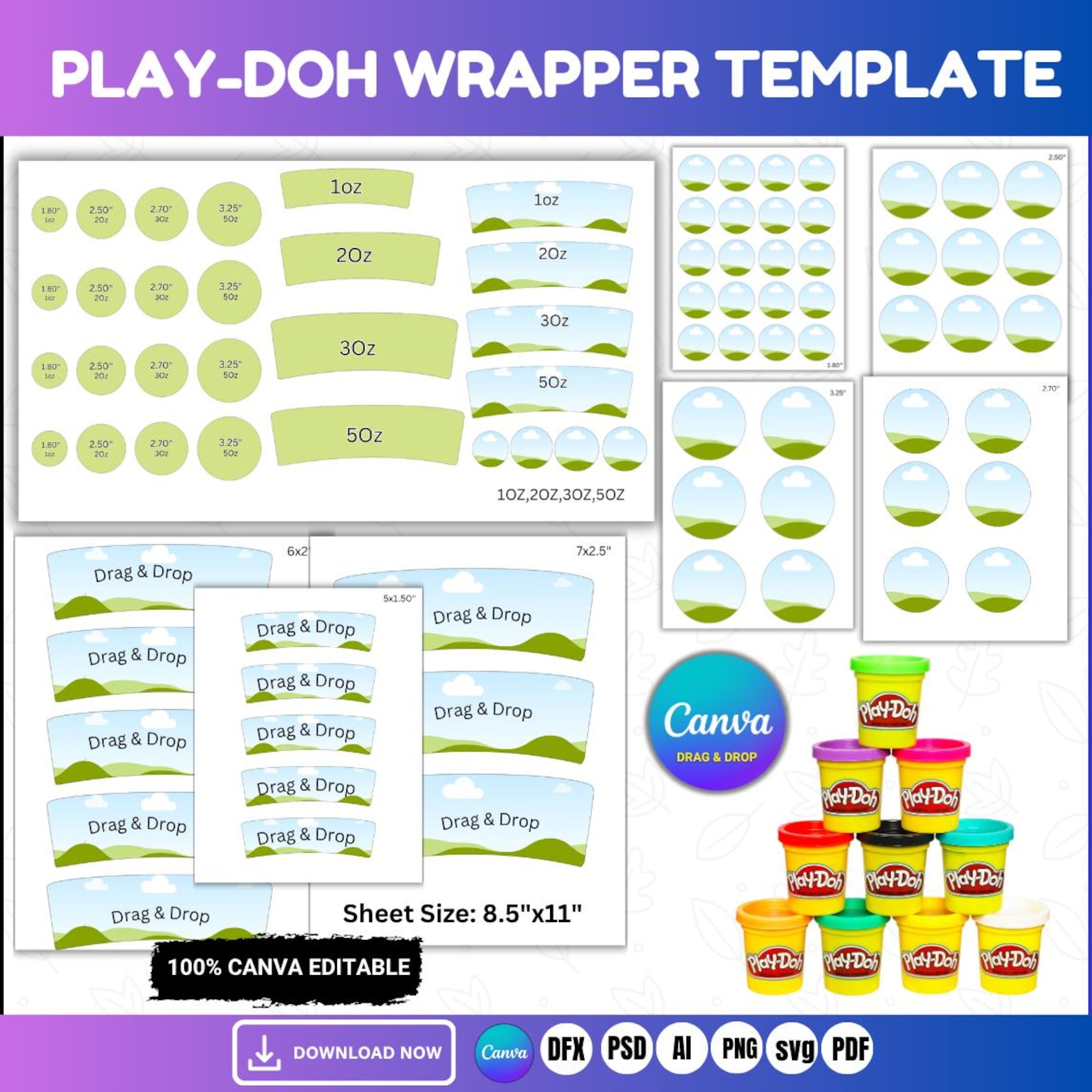 Play Doh Tub Wrapper Template Bundle | Editable Canva Playdough Label ...