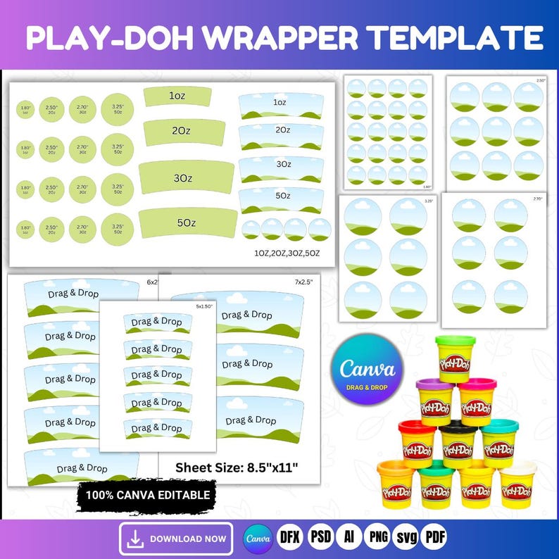 Play Doh Tub Wrapper Template Bundle | Editable Canva Playdough Label ...
