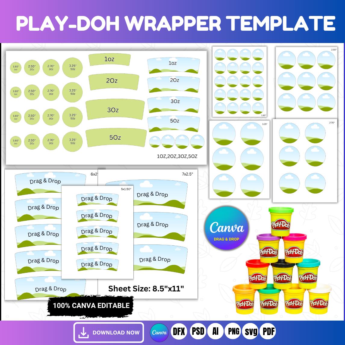 Play Doh Tub Wrapper Template Bundle | Editable Canva Playdough Label ...