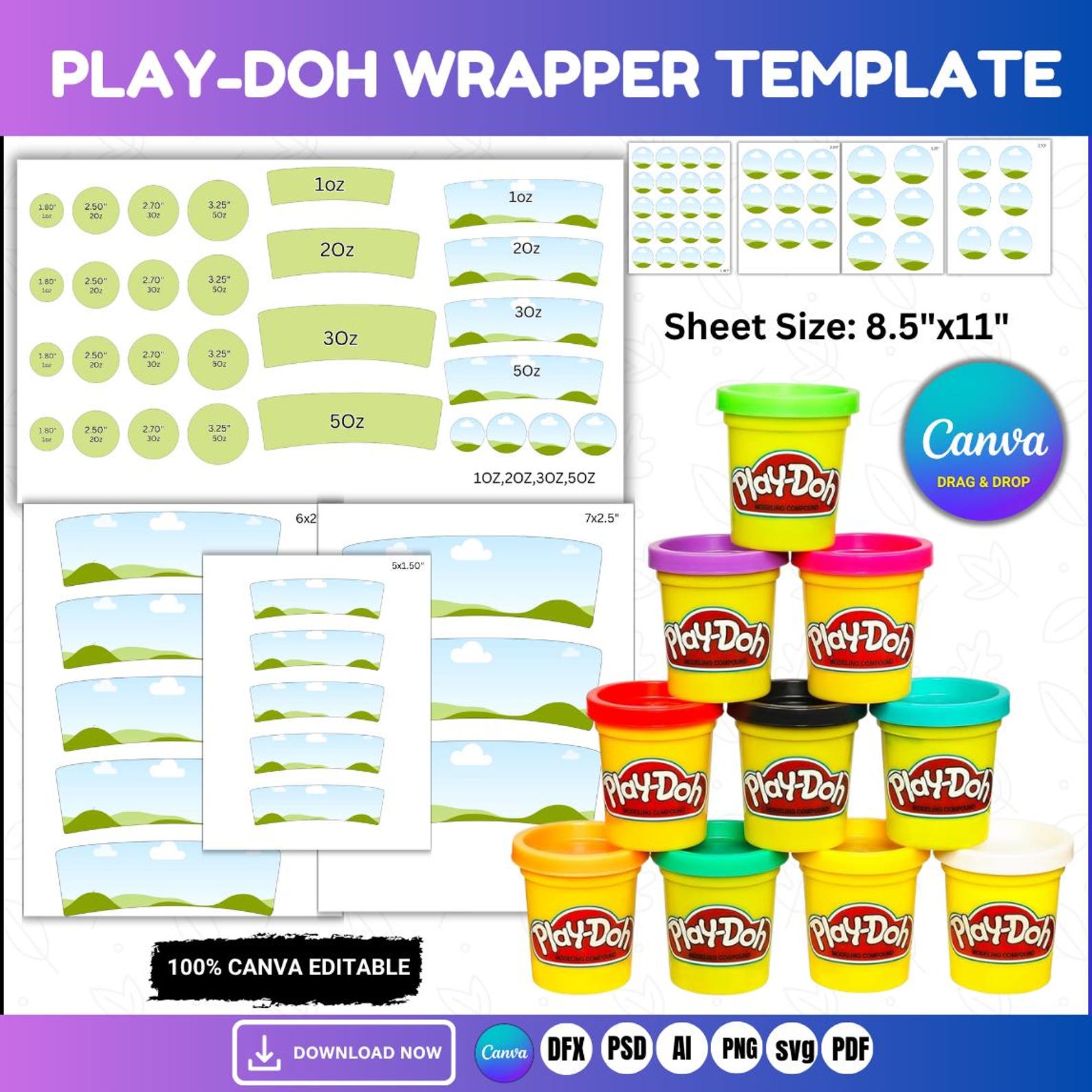 Play Doh Tub Wrapper Template Bundle | Editable Canva Playdough Label ...