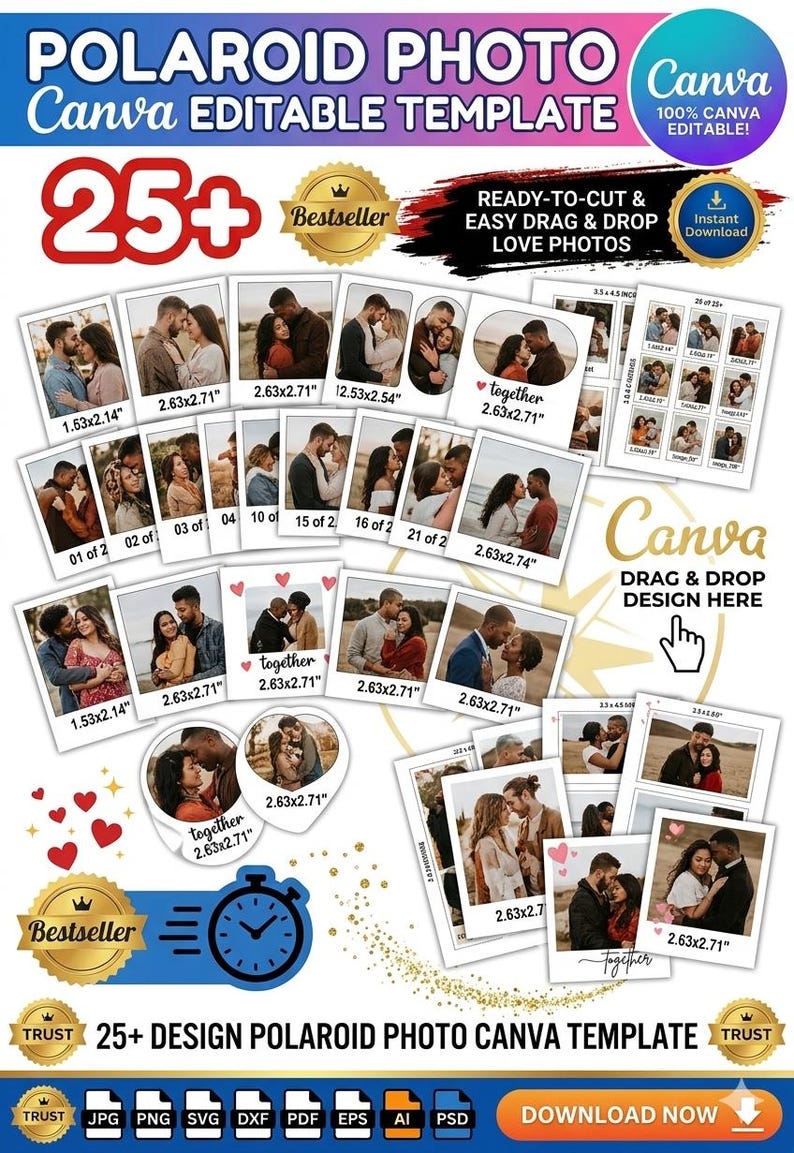 Polaroid Photo Canva Editable Template Bundle,instax Printable ...