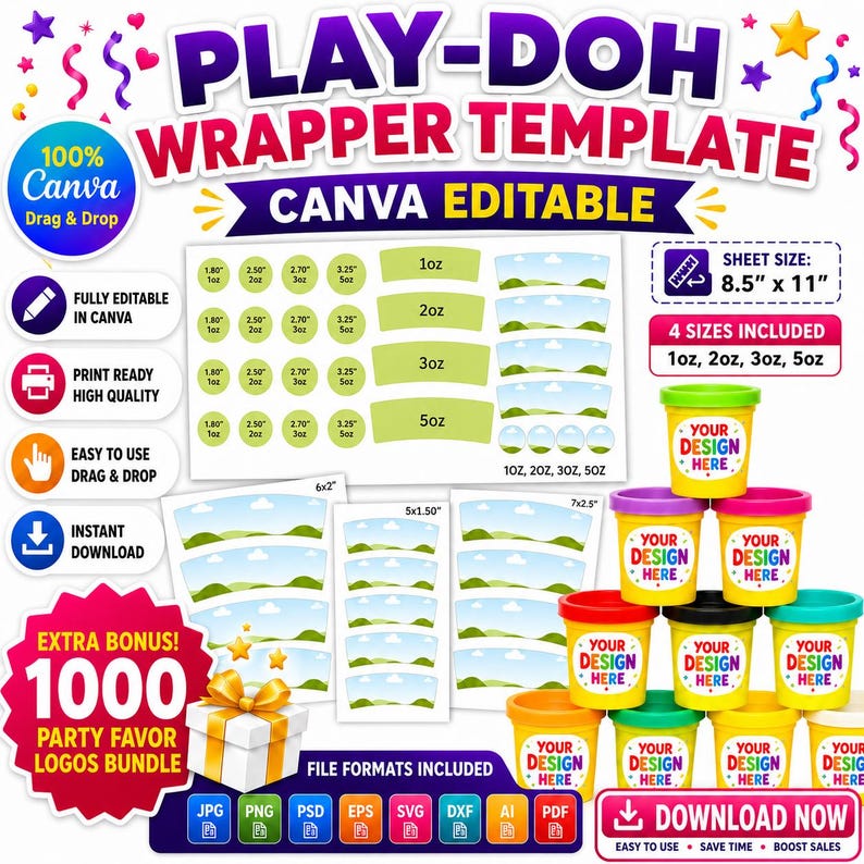Play Doh Tub Wrapper Template Bundle | Editable Canva Playdough Label ...