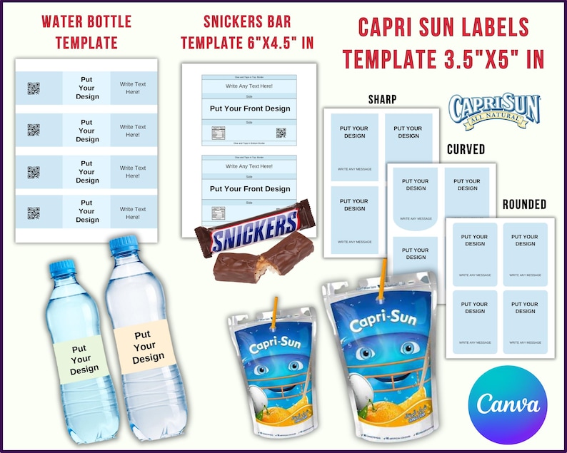 6 Party Favor Template Bundle, Chip Bag Template, Water Bottle Labels ...