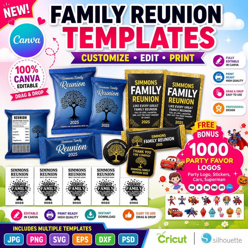 Family Reunion Canva Templates Bundle: Chip Bag, Chocolate Wrapper ...
